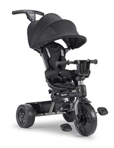 joovy 4.1 kids tricycle with 4-stages featuring extra-wide front tire, removable and adjustable parent handle, safety harness, machine-washable seat pad, and retractable canopy (black)