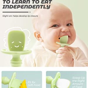 4 Pcs Baby Spoons Self Feeding 6 Months, Silicone Baby Spoons First Stage and Baby Fork, Toddler Utensils for Baby Led Weaning with 2 Cases (Green, Grey)