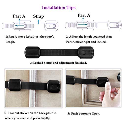 8 Pack Black Child/Baby Safety Cabinet Locks - Maveek Adjustable Strap Baby Proof Latches with No Trapped Fingers for Cupboard/Drawers/Closet/Toilet Seat/Oven and Fridge, Free 9 Extra Adhesive Pads