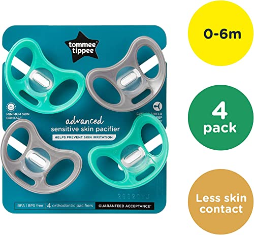 Tommee Tippee Advanced Sensitive Skin Pacifier, Unique Shield for Less Skin Contact, Symmetrical Design, BPA-Free Binkies, 0-6m, 4 Count