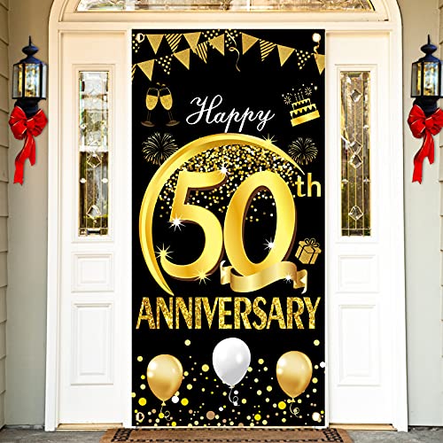 Kauayurk Happy 50th Anniversary Door Banner Backdrop Decorations, Large 50th Wedding Anniversary Door Cover Party Sign Supplies, Black Gold Happy 50th Anniversary Poster Decor