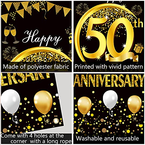 Kauayurk Happy 50th Anniversary Door Banner Backdrop Decorations, Large 50th Wedding Anniversary Door Cover Party Sign Supplies, Black Gold Happy 50th Anniversary Poster Decor