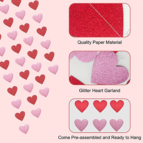 5 Pieces Valentines Hearts Garland Glitter Heart Banner Decor Glittery Valentines Day Heart Hanging String Garland for Wedding Party Engagement Home Decorations, Red Pink