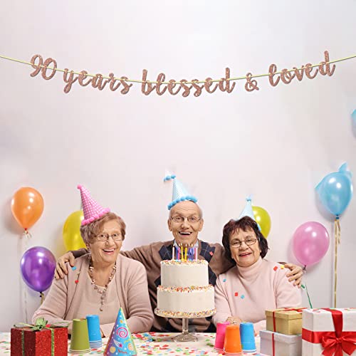 Aonbon Glitter 90 Years Blessed & Loved Banner - 90th Birthday / 90th Anniversary Banner, 90th Birthday / 90th Anniversary Party Decorations - Rose Gold (90)