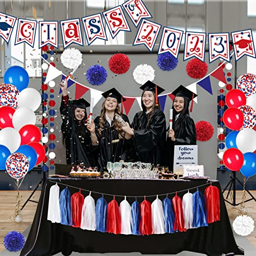 Graduation Party Decorations 2023 Red and Blue Class of 2023 Banner Paper Pompom Congrats Grad Party Balloon Garland Kit for Graduation Party Supplies