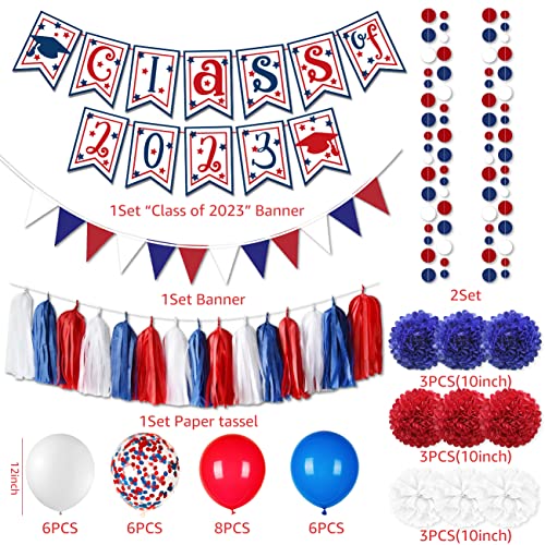 Graduation Party Decorations 2023 Red and Blue Class of 2023 Banner Paper Pompom Congrats Grad Party Balloon Garland Kit for Graduation Party Supplies