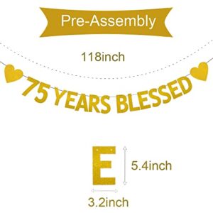 XIAOLUOLY Gold 75 YEARS BLESSED Glitter Banner,Pre-Strung,75th Birthday/Wedding Anniversary Party Decorations Bunting Sign Backdrops,75 YEARS BLESSED