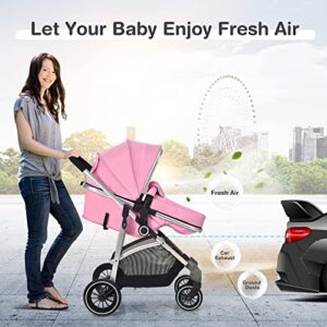 BABY JOY 2 in 1 Convertible Baby Stroller, High Landscape Baby Stroller w/Reversible Seat, Removable Footmuff, Adjustable Backrest & Canopy, Foldable Infant Pram Stroller for 0-36 Months Babies, Pink