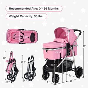 BABY JOY 2 in 1 Convertible Baby Stroller, High Landscape Baby Stroller w/Reversible Seat, Removable Footmuff, Adjustable Backrest & Canopy, Foldable Infant Pram Stroller for 0-36 Months Babies, Pink