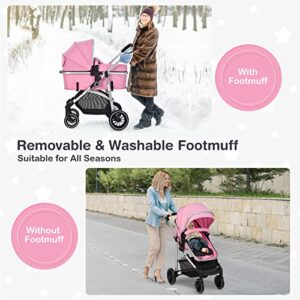 BABY JOY 2 in 1 Convertible Baby Stroller, High Landscape Baby Stroller w/Reversible Seat, Removable Footmuff, Adjustable Backrest & Canopy, Foldable Infant Pram Stroller for 0-36 Months Babies, Pink