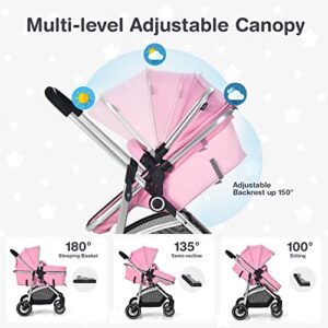 BABY JOY 2 in 1 Convertible Baby Stroller, High Landscape Baby Stroller w/Reversible Seat, Removable Footmuff, Adjustable Backrest & Canopy, Foldable Infant Pram Stroller for 0-36 Months Babies, Pink