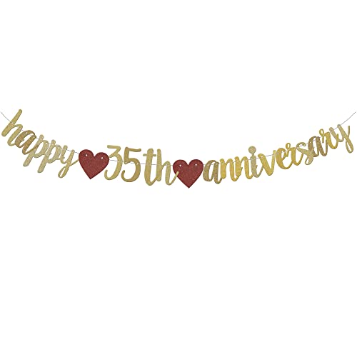 Happy 35TH Anniversary Banner Sign Gold Paper Glitter Party Decorations for 35TH Wedding Anniversary Party Supplies Letters Gold QWLQIAO