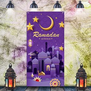 ramadan mubarak decorations door banner eid mubarak door cover fabric ramadan mubarak backdrop banner for indoor outdoor decoration eid al-fitr party supplies, 71 x 35 inches