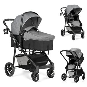 baby joy baby stroller, 2 in 1 convertible carriage bassinet to stroller, pushchair with foot cover, cup holder, large storage space, wheels suspension, 5-point harness (gray)