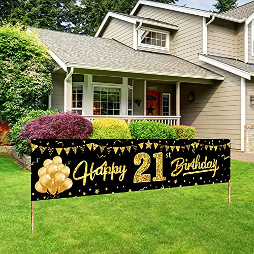 21st Birthday Banner Decorations for Her & Him, Black Gold Happy 21 Year Old Birthday Sign Party Supplies Décor, Twenty First Birthday Photo Banner for Outdoor Indoor