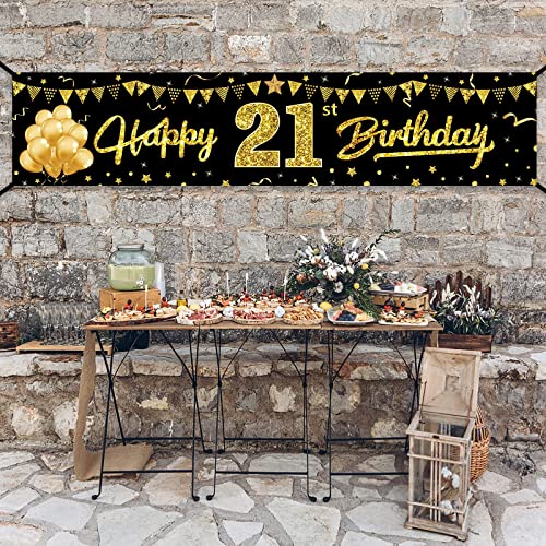 21st Birthday Banner Decorations for Her & Him, Black Gold Happy 21 Year Old Birthday Sign Party Supplies Décor, Twenty First Birthday Photo Banner for Outdoor Indoor