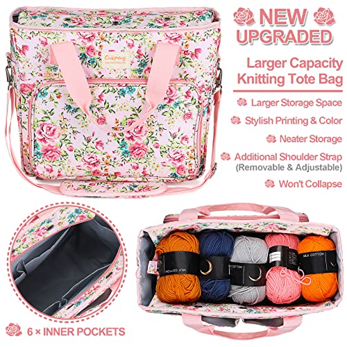 Coopay Large Crochet Bag Knitting Bags and Totes Organizer, Traveling Crochet Bags Yarn Bag for Carrying Crochet Hooks, Knitting Kit, Skein Yarn Wool, Project, Knitting & Crochet Supplies, Pink Flower