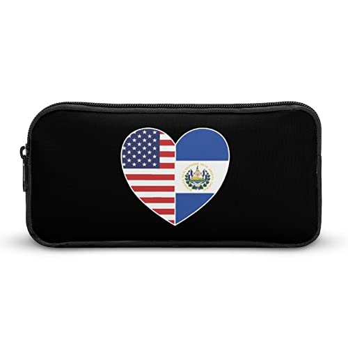 El Salvador and America Flag Heart Pencil Case Pencil Pouch Coin Pouch Cosmetic Bag Office Stationery Organizer