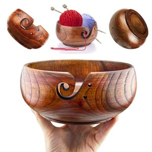 Wooden Yarn Bowl with Holes Holder 7.87''×3''Rosewood Handmade Craft Knitting Bowl Storage Knitting and Crocheting Accessories Kit Organizer, Perfect for Mother's Day and Christmas Gift