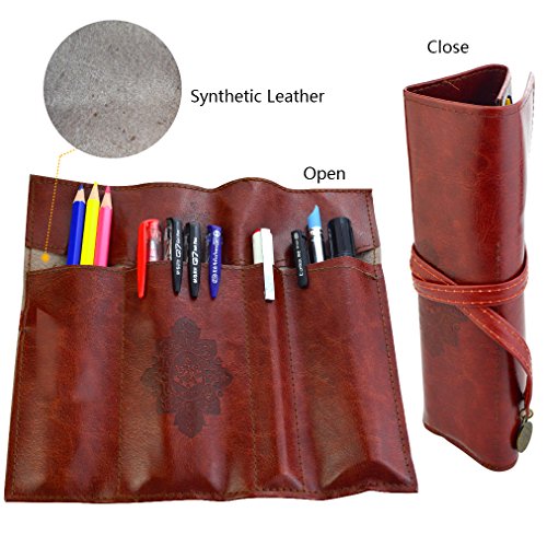 Miayon Twilight Retro Bandage Synthetic Leather Pen Bag Pencil Case Makeup Pouch,Vintage Style Rollup Pencil Case, Pencil Bag(Dark Brown)