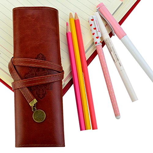 Miayon Twilight Retro Bandage Synthetic Leather Pen Bag Pencil Case Makeup Pouch,Vintage Style Rollup Pencil Case, Pencil Bag(Dark Brown)