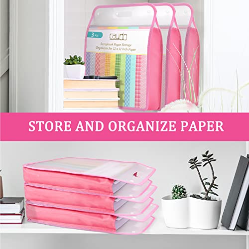 Caydo Scrapbook Paper Storage Organizer, Pink Expanding Paper Folio for 12 x 12 Sheets, Scrapbook Paper Storage with Transparent Portable Handle for Holding Scrapbook, Vinyl Paper, Cardstock