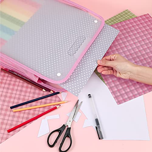 Caydo Scrapbook Paper Storage Organizer, Pink Expanding Paper Folio for 12 x 12 Sheets, Scrapbook Paper Storage with Transparent Portable Handle for Holding Scrapbook, Vinyl Paper, Cardstock