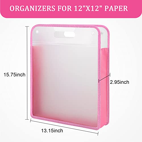 Caydo Scrapbook Paper Storage Organizer, Pink Expanding Paper Folio for 12 x 12 Sheets, Scrapbook Paper Storage with Transparent Portable Handle for Holding Scrapbook, Vinyl Paper, Cardstock