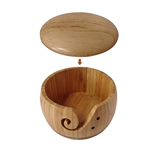 FNTMNO Bamboo Yarn Bowl with Removable Lid -Wooden Yarn Bowl on All Occasions for Moms and Grandmothers-5.91x3.15inch