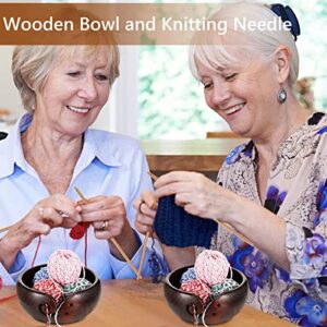 Wooden Yarn Bowl Crocheting Bowl Round Knitting Wool Storage Yarn Bowl Handmade with Holes 12 Pieces Crochet Hooks for Crocheting Knitting DIY Crafts Tools (Dark Brown,7 x 7 x 3 Inch)