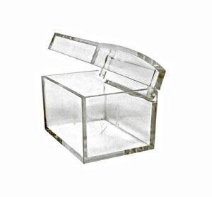 clear acrylic box with hinged lid; small treasure chest shape container with bonus perfume studio pure parfum 2ml sample. (3 units)