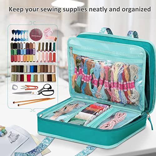 FINPAC Sewing and Craft Supplies Storage Tote, Large Capacity Travel Packing Organizer Bag with Clear Pockets and Handle for Knitting, Crochet, Art, Sewing Accessories (Emerald Illusions)