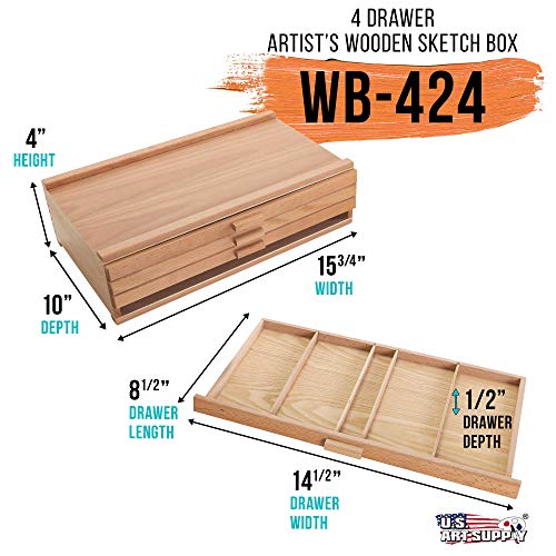 U.S. Art Supply 4 Drawer Wood Artist Supply Storage Box - Pastels, Pencils, Pens, Markers, Brushes