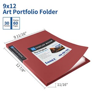 Sooez 30-Pocket Binder with Plastic Sleeves 9x12" (Ruby), Heavy Duty Art Portfolio Folder with Clear Sheet Protectors, Display 60 Pages, Presentation Book for Artwork, Document Organizer Binder