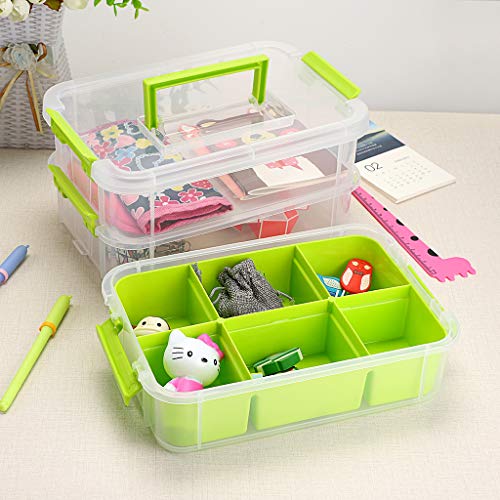 BTSKY 3 Layer Stack & Carry Box, Plastic Multipurpose Portable Storage Container Box Handled Organizer Storage Box with Removable Tray for Organizing Sewing, Art Craft, Supplies Green