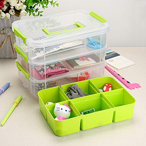 BTSKY 3 Layer Stack & Carry Box, Plastic Multipurpose Portable Storage Container Box Handled Organizer Storage Box with Removable Tray for Organizing Sewing, Art Craft, Supplies Green