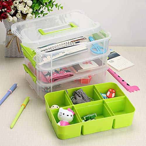 BTSKY 3 Layer Stack & Carry Box, Plastic Multipurpose Portable Storage Container Box Handled Organizer Storage Box with Removable Tray for Organizing Sewing, Art Craft, Supplies Green