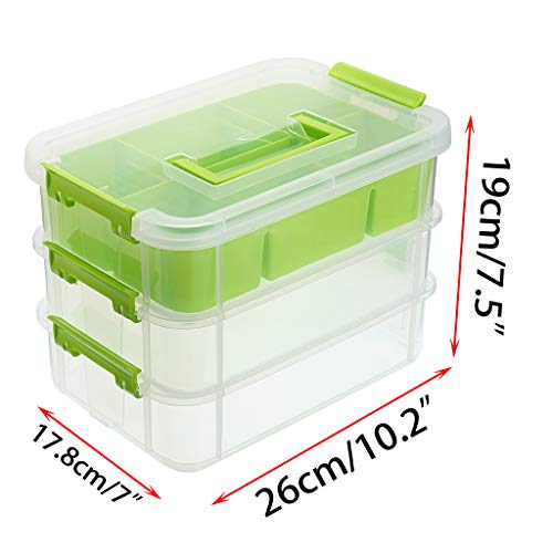 BTSKY 3 Layer Stack & Carry Box, Plastic Multipurpose Portable Storage Container Box Handled Organizer Storage Box with Removable Tray for Organizing Sewing, Art Craft, Supplies Green