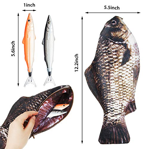 Outus Fish Shaped Pencil Case Novelty Fish Pen Bag Fish Coin Purse Funny Pencil Case with Padded Thick Foam Lining and 4 Pieces Cute Fish Pens Fish Gifts for School Classroom Supply