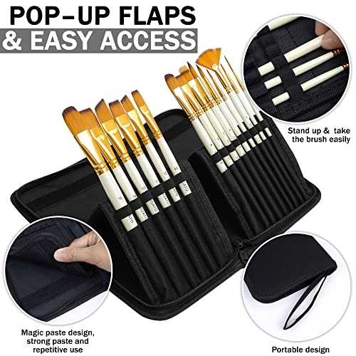 DUGATO Paint Brush Holder & Organizer, Premium Black Canvas Bag, Case Brush For 15 Pcs Oil, Acrylic, Watercolor Paintbrushes, Artist Brush Carrying Case /w Pop-Up Flaps (Brush Not Included)