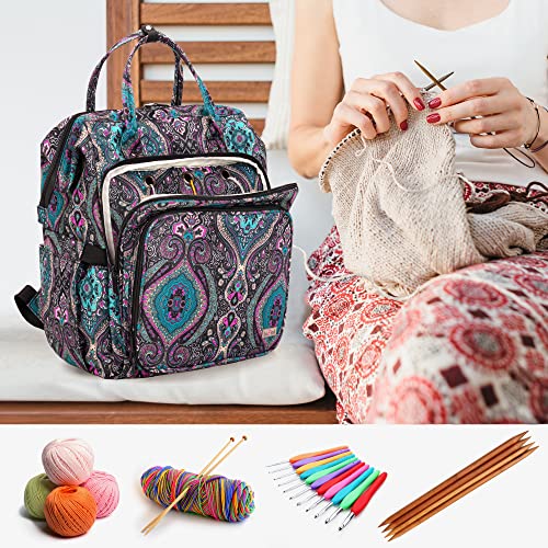 LoDrid Knitting Bag Backpack with Three Oversized Grommets, Travel Yarn Bag with Steel Frame Top, Crochet Organizer for Crochet Hooks, Knitting Needles, and Other Accessories, Totem, Bag Only