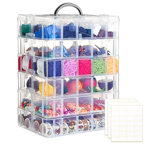 Quefe 6-Tier Stackable Storage Container Box with 60 Compartments, Plastic Organizer Box for Organizing Washi Tape, Embroidery Accessories, Threads Bobbins, Kids Toy, Beauty Supplies