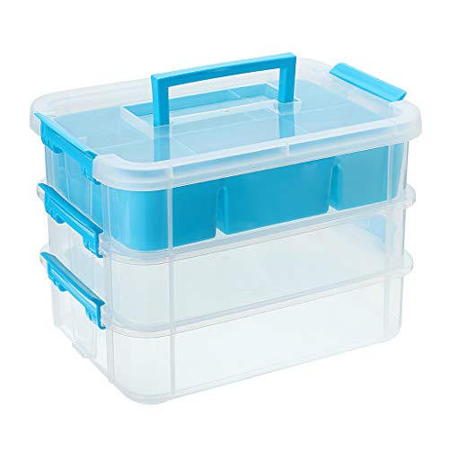 BTSKY 3 Layer Stack & Carry Box, Plastic Multipurpose Portable Storage Container Box Handled Organizer Storage Box with Removable Tray for Organizing Sewing, Art Craft, Supplies Blue