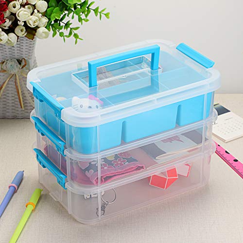 BTSKY 3 Layer Stack & Carry Box, Plastic Multipurpose Portable Storage Container Box Handled Organizer Storage Box with Removable Tray for Organizing Sewing, Art Craft, Supplies Blue