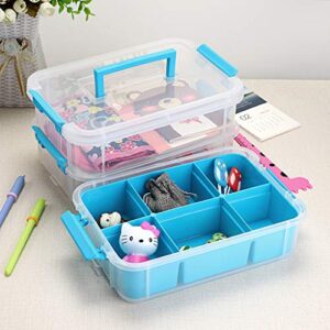 BTSKY 3 Layer Stack & Carry Box, Plastic Multipurpose Portable Storage Container Box Handled Organizer Storage Box with Removable Tray for Organizing Sewing, Art Craft, Supplies Blue