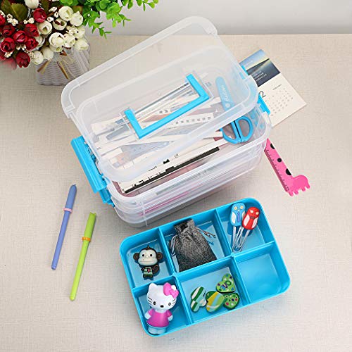 BTSKY 3 Layer Stack & Carry Box, Plastic Multipurpose Portable Storage Container Box Handled Organizer Storage Box with Removable Tray for Organizing Sewing, Art Craft, Supplies Blue