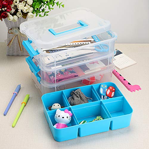 BTSKY 3 Layer Stack & Carry Box, Plastic Multipurpose Portable Storage Container Box Handled Organizer Storage Box with Removable Tray for Organizing Sewing, Art Craft, Supplies Blue