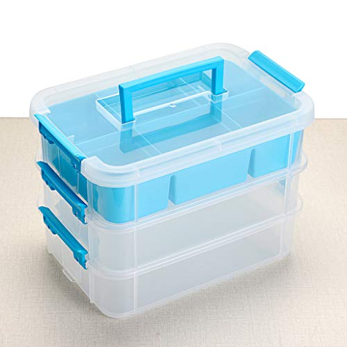 BTSKY 3 Layer Stack & Carry Box, Plastic Multipurpose Portable Storage Container Box Handled Organizer Storage Box with Removable Tray for Organizing Sewing, Art Craft, Supplies Blue