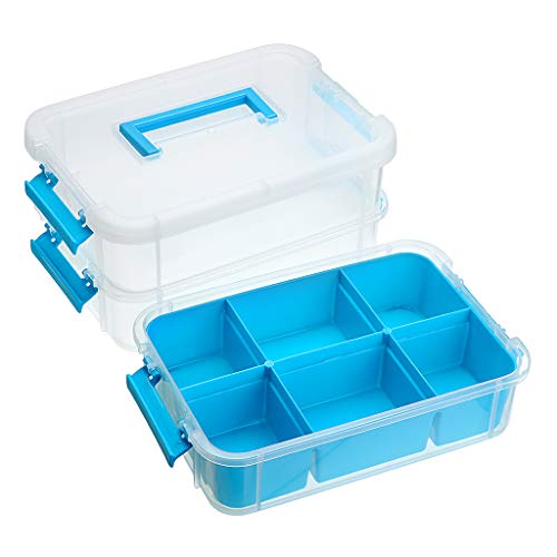 BTSKY 3 Layer Stack & Carry Box, Plastic Multipurpose Portable Storage Container Box Handled Organizer Storage Box with Removable Tray for Organizing Sewing, Art Craft, Supplies Blue