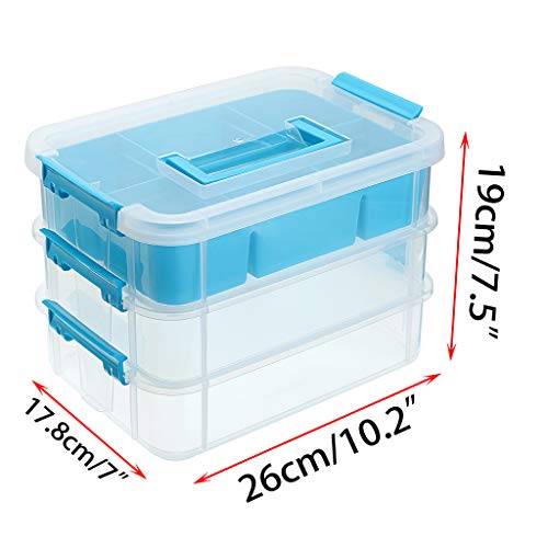 BTSKY 3 Layer Stack & Carry Box, Plastic Multipurpose Portable Storage Container Box Handled Organizer Storage Box with Removable Tray for Organizing Sewing, Art Craft, Supplies Blue